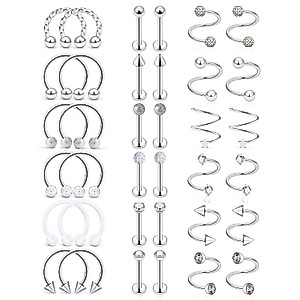 Hoeudjo Spiral Barbell Tragus Earrings 16g Stainless Steel Horseshoe Barbell Lip Rings Helix Rook Twist Cartilage Earrings Studs Ring Medusa Piercing Jewelry 8mm 18 Pairs Silver-tone