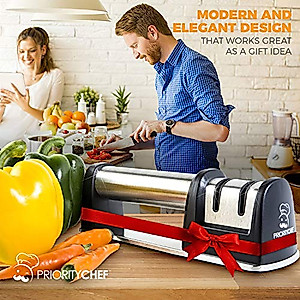 PriorityChef Knife Sharpener for Straight and Serrated Knives, 2-Stage Diamond Coated Wheel System, Sharpens Dull Knives Quickly, Safe and Easy to Use