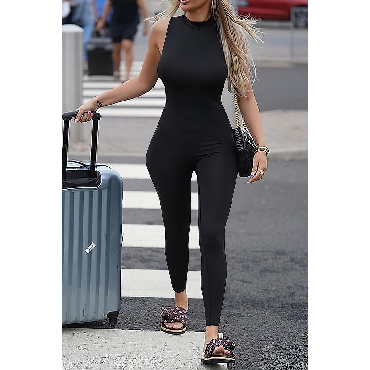 PRETTYGARDEN Women's Summer Bodycon Jumpsuits Casual Sleeveless One Piece Stretchy Tank Slim Fit Romper (Pants Black,Medium)