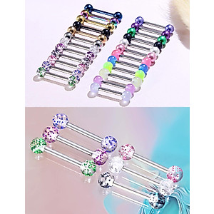 Prjndjw 24Pcs 14G Nipple Piercing Jewelry Tongue Rings Surgical Steel Straight Barbells Piercing Jewelry 12MM for Women Men Glow in The Dark