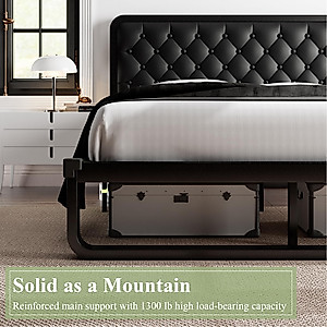 Feonase Queen Bed Frame, Upholstered Platform Bed Frame with Heavy-Duty Steel Slats, Diamond Tufted Headboard, 12" Storage Space, No Box Spring Needed, Noise Free, Easy Assembly, Black