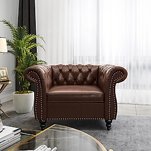 3 Piece Living Room Set, Chesterfield Leather Sofa Loveseat Couch Chair with Scroll Arms and Nailhead for Living Room, Office (Dark Brown)