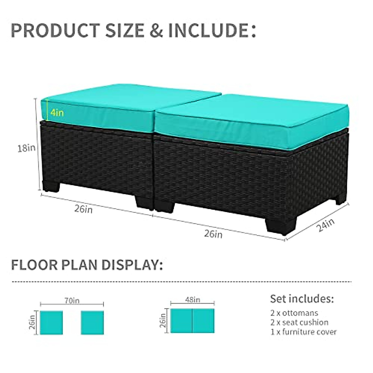 Rattaner Patio Furniture Outdoor Ottomans for Patio 2 Pcs Patio Ottoman Set Outdoor Furniture Outdoor Foot Rest for Patio Anti-Slip Cushions and Waterproof Cover, Turquoise