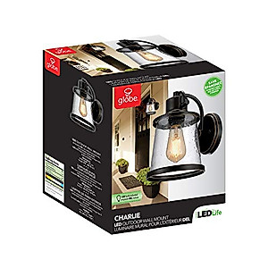Globe Electric 44127 Charlie 1-Light Outdoor Indoor Wall Sconce, LED Bulb Included, Oil Rubbed Bronze, Clear Seeded Glass Shade