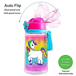 Home Tune 18 oz Cute Water bottle with Straw for Girls, BPA FREE Tritan & Leak Proof One Click Open Flip Top & Easy Clean & Soft Carry Loop (Unicorn)