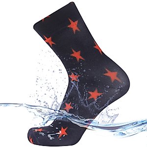 SuMade Waterproof Kayaking Socks, Men Women Ultra Thin Breathable Sweat-Absorbing Training Socks Rain Outdoor Work Boot Lightweight Hiking Fishing Climbing Crew Socks (Black-Red Star, Medium)