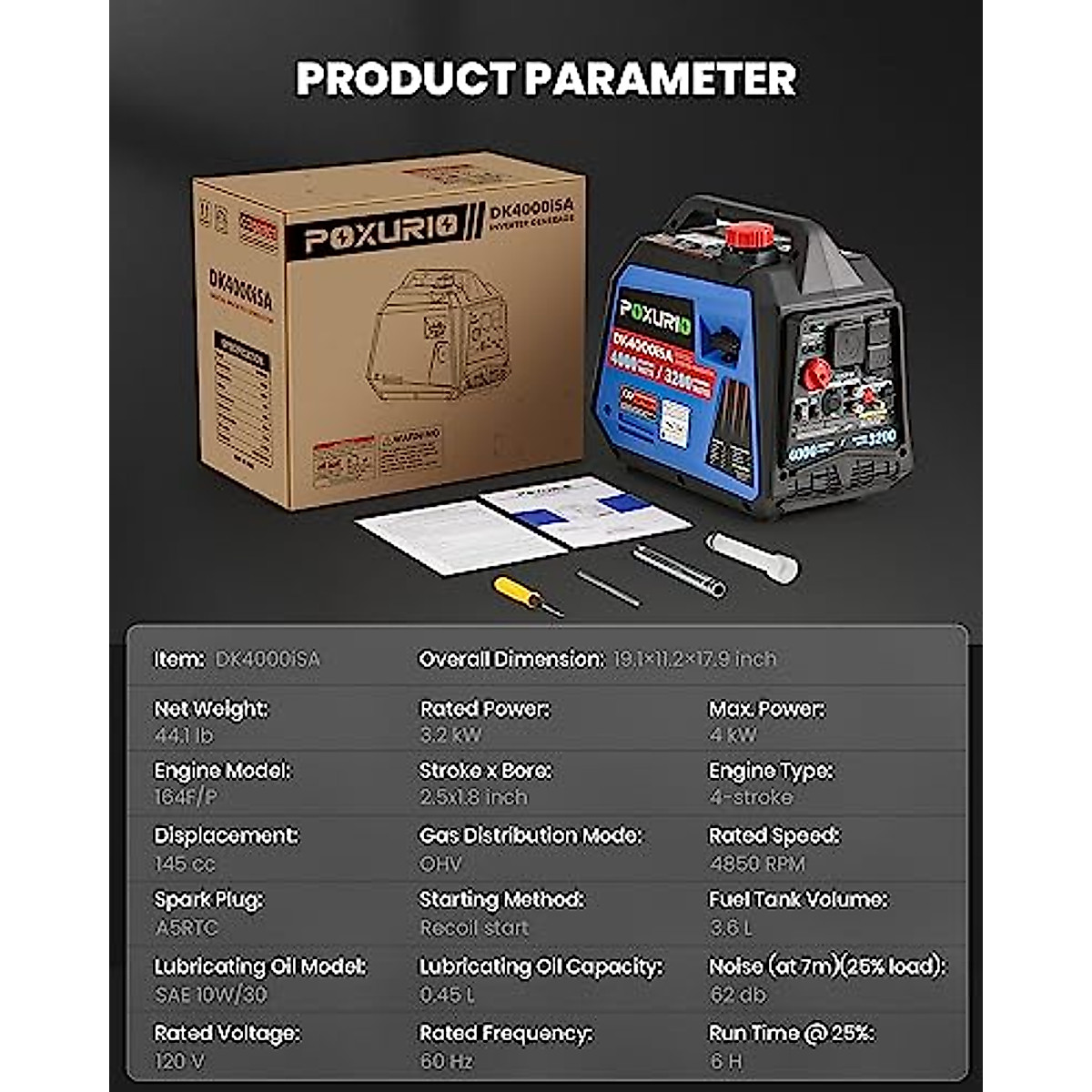 POXURIO Portable Inverter Generator, DK4000iSA, 4000W Gas Powered Generator, Super Quiet Generator, Eco-Mode/RV Ready/Lightweight/EPA Compliant/Carb for Outdoor Camping, Home, Dining Truck, Travel