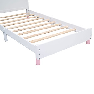 Bellemave Twin Platform Bed with Headboard, House Twin Bed with Support Slats, Wood Kids Twin Size Bed for Boys Girls, No Box Spring Needed, Bedroom Furniture (White+Pink)