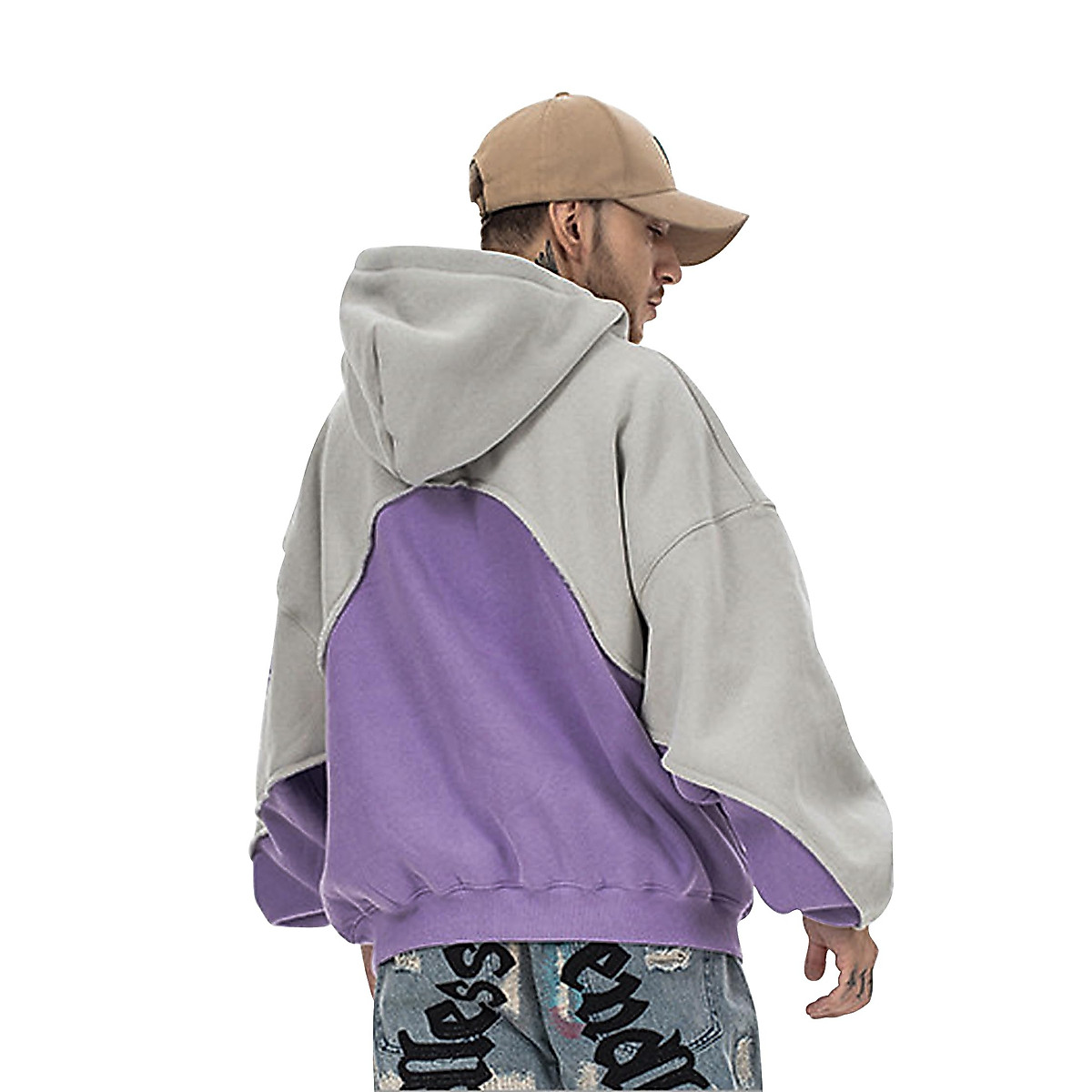Arnodefrance Men Vintage Graphic Hoodie Purple Grey Patchwork Cotton Hoodies Pullover Sweatshirt