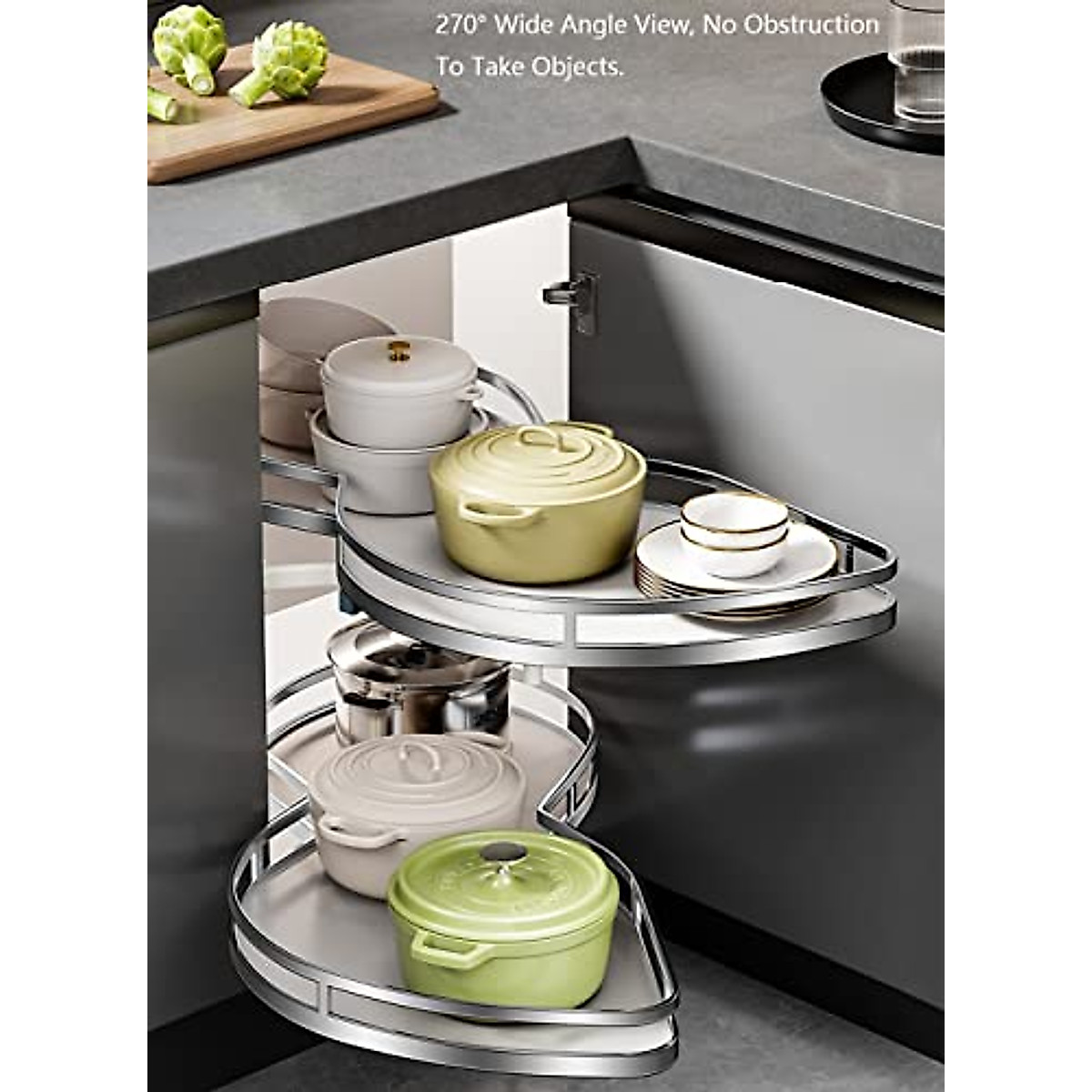 JayHumphrey Swing Left Blind Corner Cabinet Pull Out Organizer for 36 Inch Cabinet, 2 Tier Kitchen Cabinet Swing Tray for Corner Cabinet Blind Shelf - Soft Close - Left Open