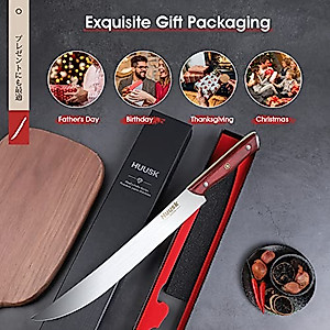 Huusk Cimitar Breaking Knife 12 inch, Curved Butcher Knife for Meat Cutting Sharp Brisket Knife Carving Knife Full Tang Meat Cleaver with Rosewood Handle for Meats Big Vegetables Christmas Gift