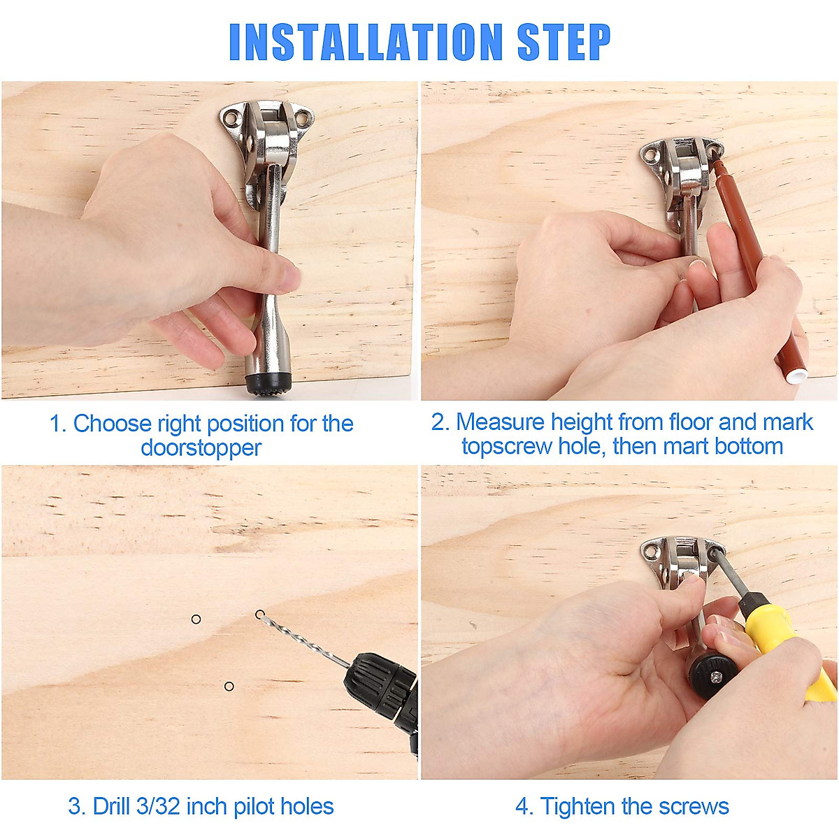 4 Pack Kickdown Door Stop, Commercial Heavy Duty Door Stops for Bottom of Door, Kickstand Door Stopper with Rubber Tip and Spring Lever, Adjustable, Easy to Kick Down Door Stoppers and Release