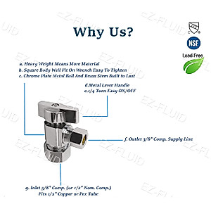 10Pcs EZ-Fluid Heavy Duty 1/2" Nom. Comp (5/8" OD Comp) x 3/8" OD Comp Squared Body Angle Stop Valve,1/4 Turn Handle,Chrome Brass Water Shut Off Ball Valve for Water Pipes,Faucet,Toilet, Sink