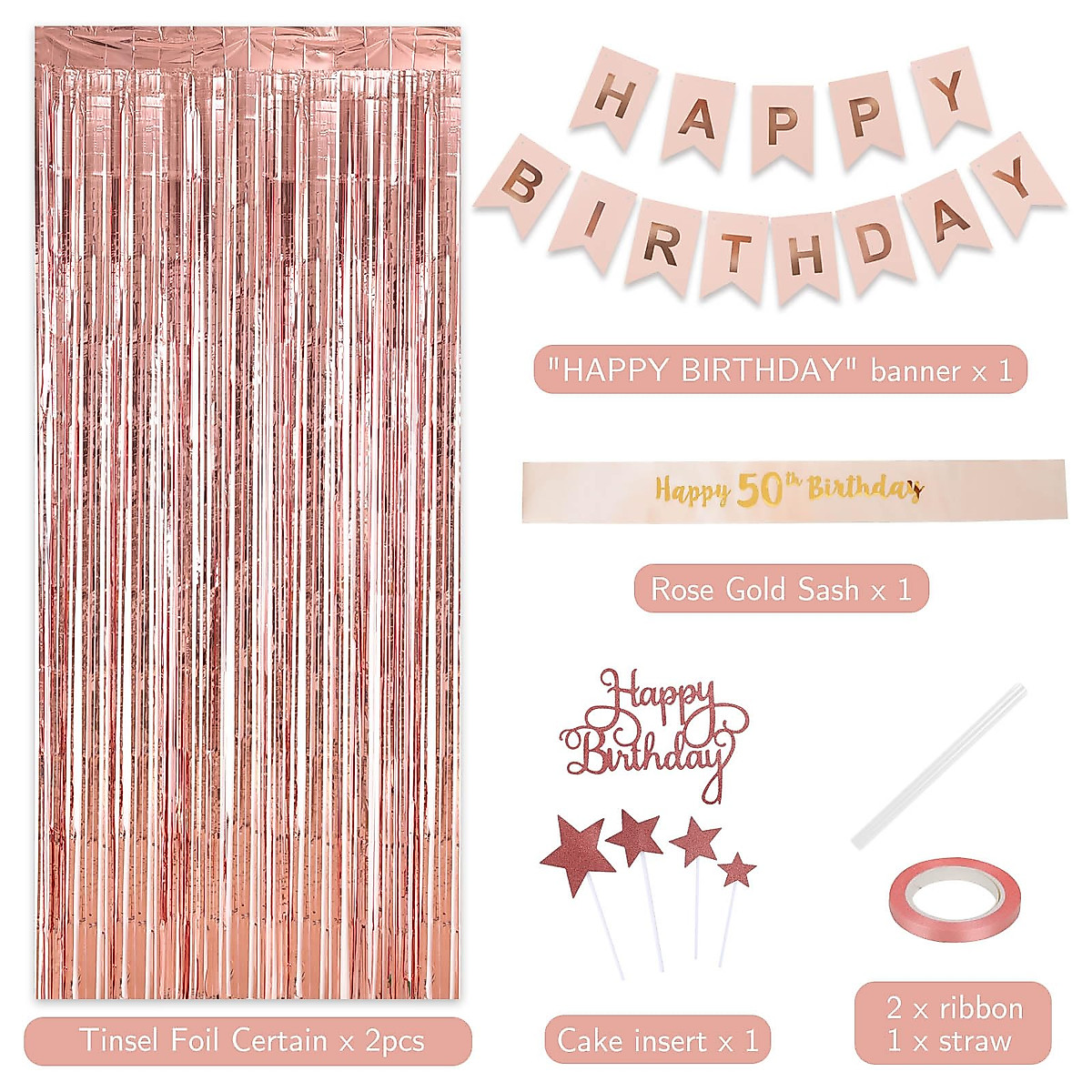 RUBFAC 50th Birthday Decorations for Women, Rose Gold 50 Birthday Party Decoration for Her, Happy 50th Birthday Banner,Fringe Curtain, Sash, Cake Topper And Number Balloon
