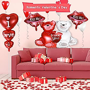 Civaner 25 Pcs Red Heart Balloons I Love You Valentines Day 2000 Rose Petals 40 Inch Bear Balloon and White Shaped Lip for Wedding Party Decoration, White,transparent,red