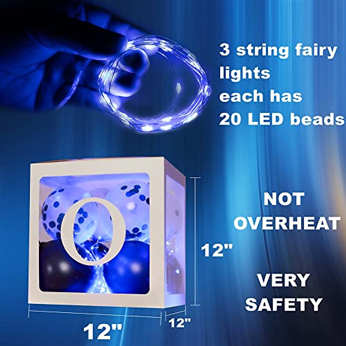 FIGEPO First Birthday Balloons Boxes with 3 LED String Lights and 12 Blue Balloons 12 Confetti Balloons ONE Transparent White Blocks for Baby Boy 1st Birthday Decorations baby shower Photo Shoot Prop