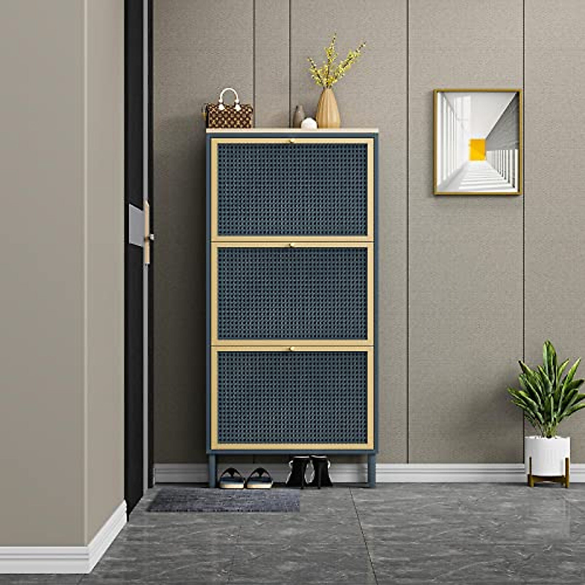 Sweiko Entryway Shoe Storage Cabinet with 3 Flip Drawers Metal Door Shoe Cabinet Organizer with Mesh Door Freestanding Shoe Rack Storage Cabinet with Wooden Top for Hallway Bedroom Mudroom Blue-Gray
