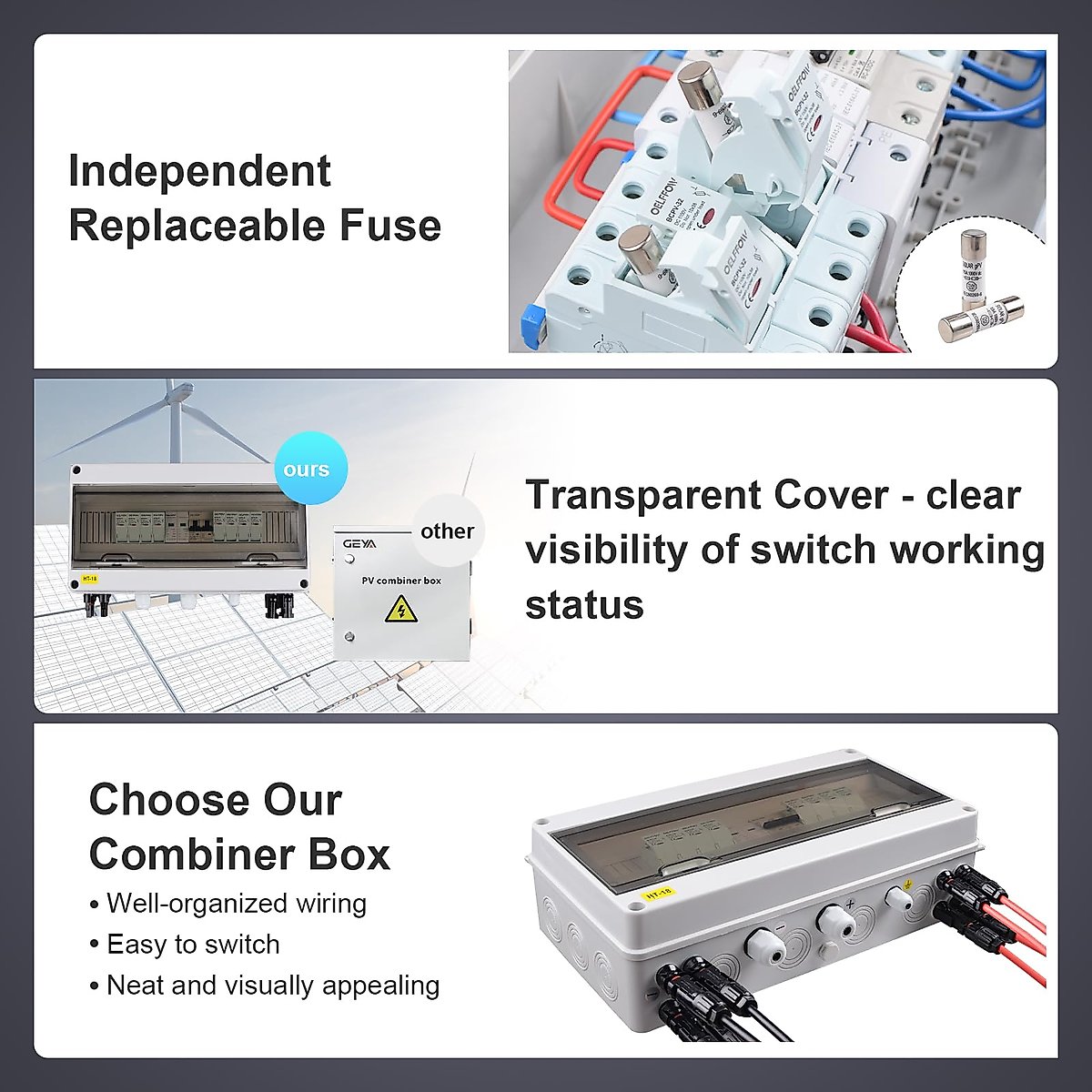 OELFFOW DC1000V 32A PV Combiner Box with 15A Rated Current Fuse, 63A Circuit Breaker, 20kA Surge Protective Device for Solar Panel System, IP65 Waterproof 4 String Grey Junction Box 4 in 1 Out