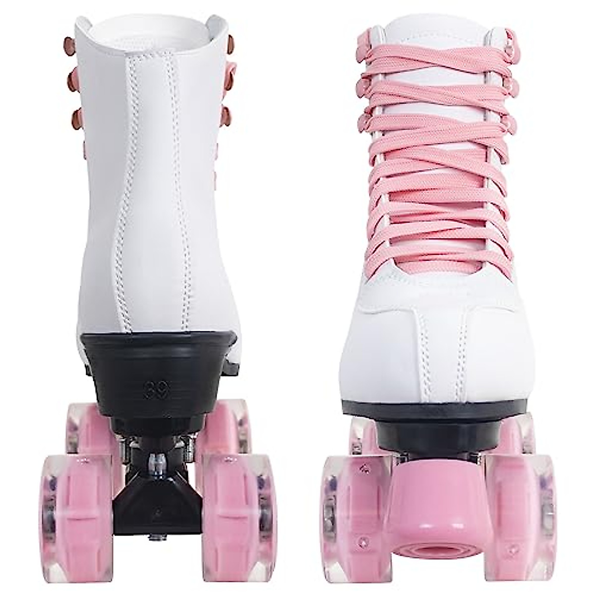 Roller Skates for Women with PU Leather High-top Double Row Rollerskates, Unisex-Adult Indoor Outdoor White & Pink Derby Skate Size 8 with Wear-Resistant Rubber Fast Braking for Beginner