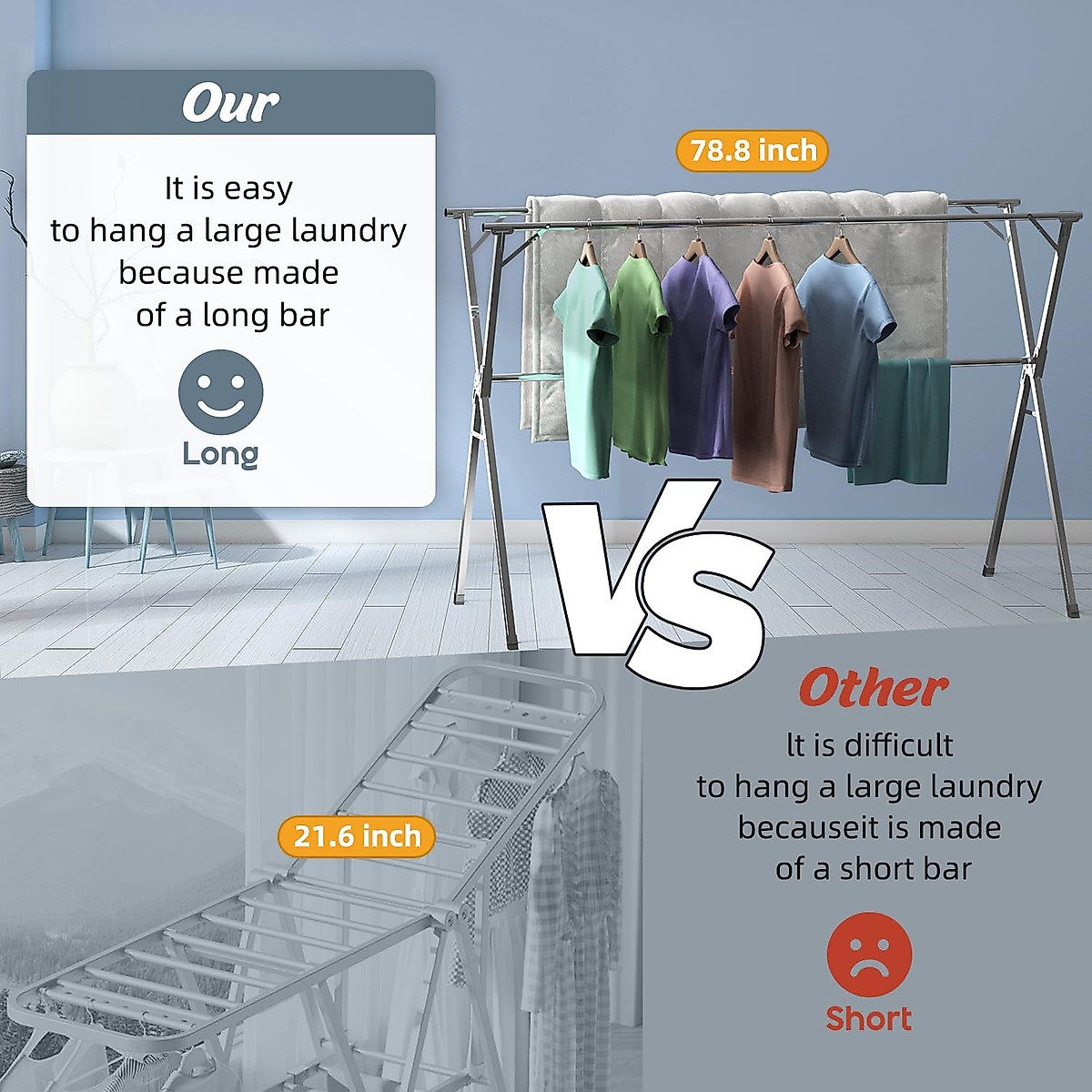 Unkqan Clothes Drying Rack,Heavy Duty Stainless Steel Garment Rack,Adjustable and Foldable Laundry Drying Rack for Indoor Outdoor Drying Rack Clothing with 20 Windproof Hooks (Silver, 79")