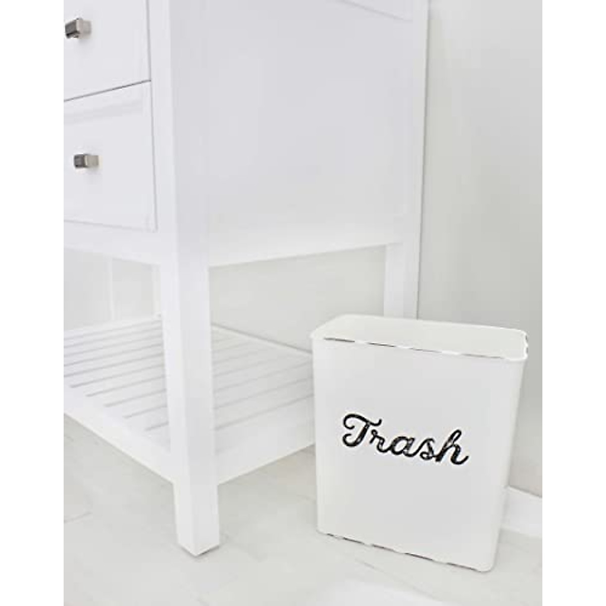 AuldHome White Enamel Trash Can, Rustic Farmhouse Wastebasket for Bathroom, Bedroom, or Office