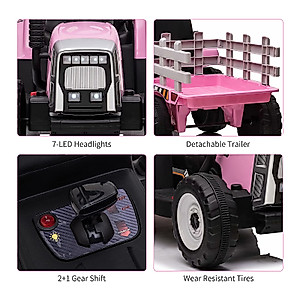 Nasitip 12V Kids Battery Powered Electric Tractor with Trailer, Toddler Ride On Car w/Remote Control/ 7-LED Headlights/ 2+1 Gear Shift/ MP3 Player/USB Port for Kids 3-6 Years (Pink, 25W/ Tread Tire)
