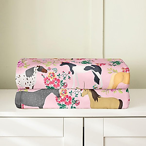 Horse Flannel Fleece Throw Blanket for Sofa Couch Girls Boys Kids 40"x50" Cute Animal Horses Flowers All Season Bed Blanket Room Decorations Horse Lovers Fuzzy Blanket Farmhouse Pink Plush Blanket