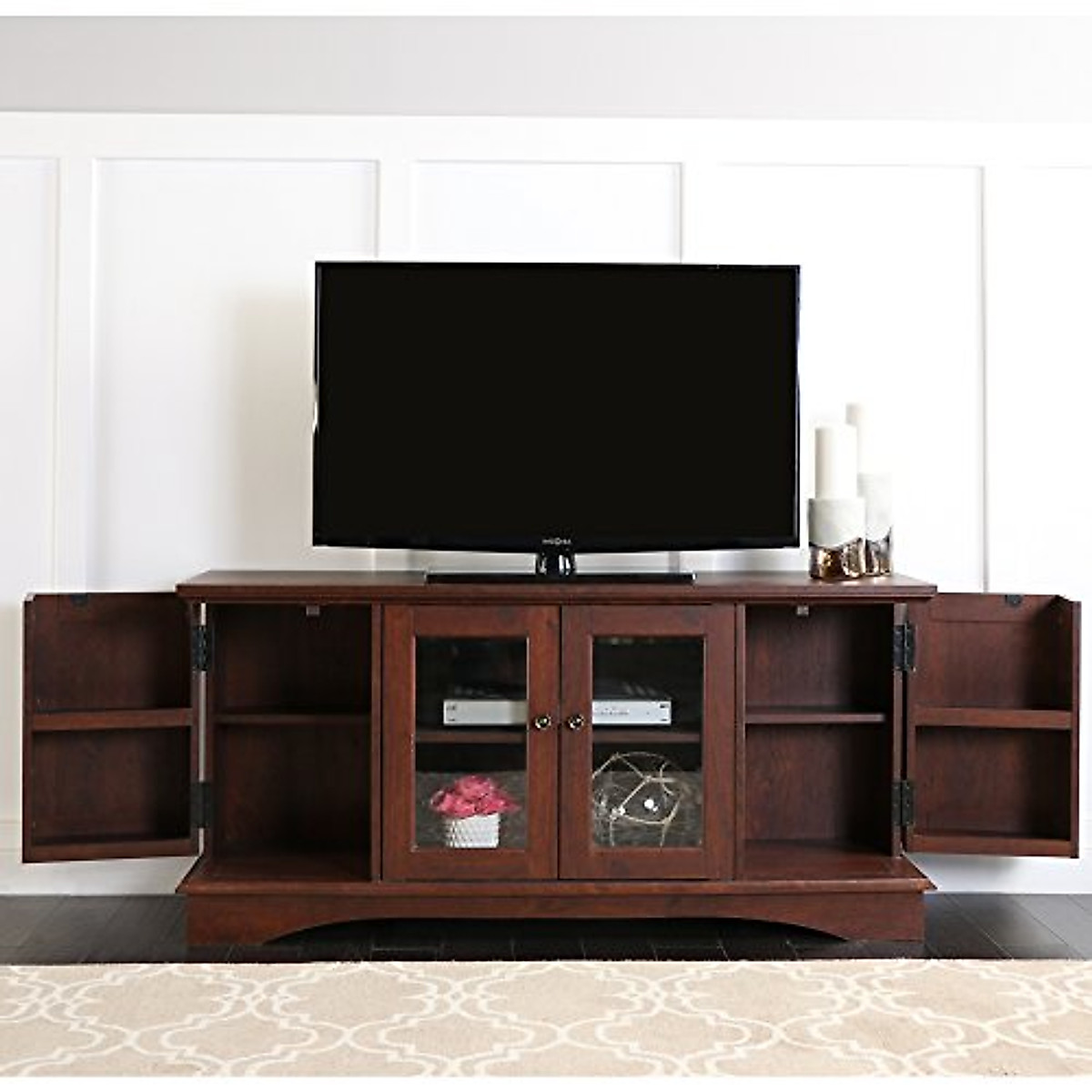Walker Edison Traditional Wood Universal TV Stand with Storage Cabinets for TV's up to 65" Living Room Entertainment Center, 44 Inch, Traditional Brown