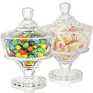 Frcctre 2 Pack Glass Candy Dish with Lid, 15 Oz Clear Covered Candy Bowl Crystal Candy Jar Cookie Jar Decorative Apothecary Jar for Party, Candy Buffet, Wedding, Christmas, Home