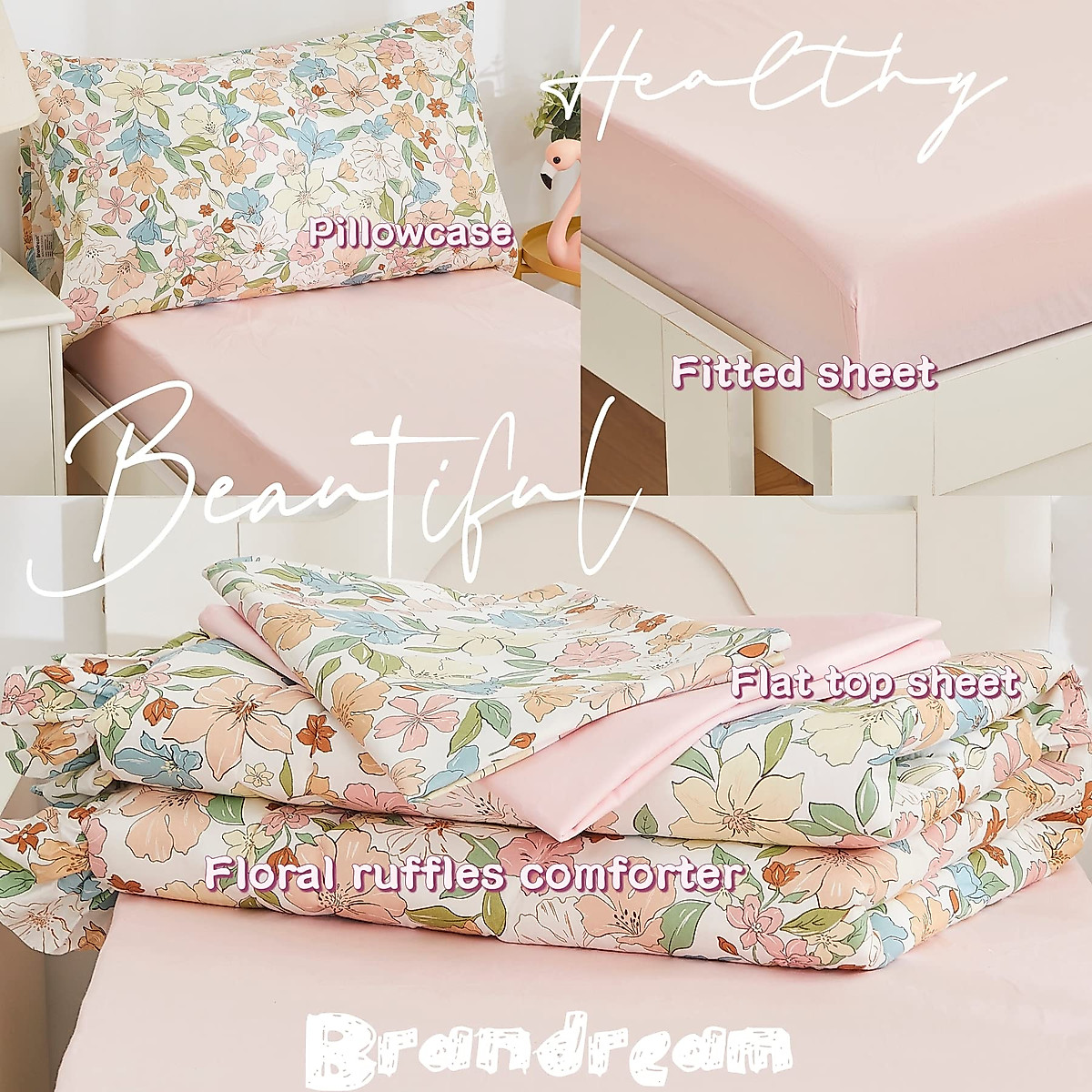 Brandream Toddler Bedding Set Girls Pink Floral Comforter Sheet Set 4 Piece Bed in A Bag Farmhouse Kids Baby Bedding with Fitted Sheet Flat Sheet Pillowcase, Luxury Design
