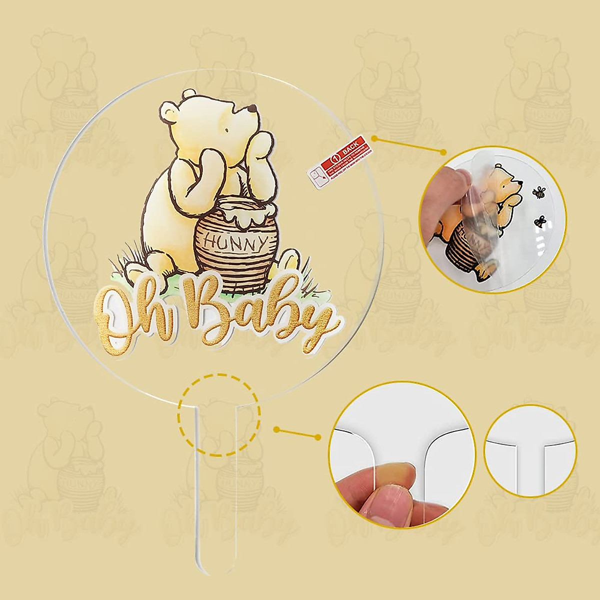 Winnie Cake Topper Oh Baby Acrylic Cake Topper with Cute Bees and Balloons Cake Decoration for Kids Birthday Baby Shower Party Supplies