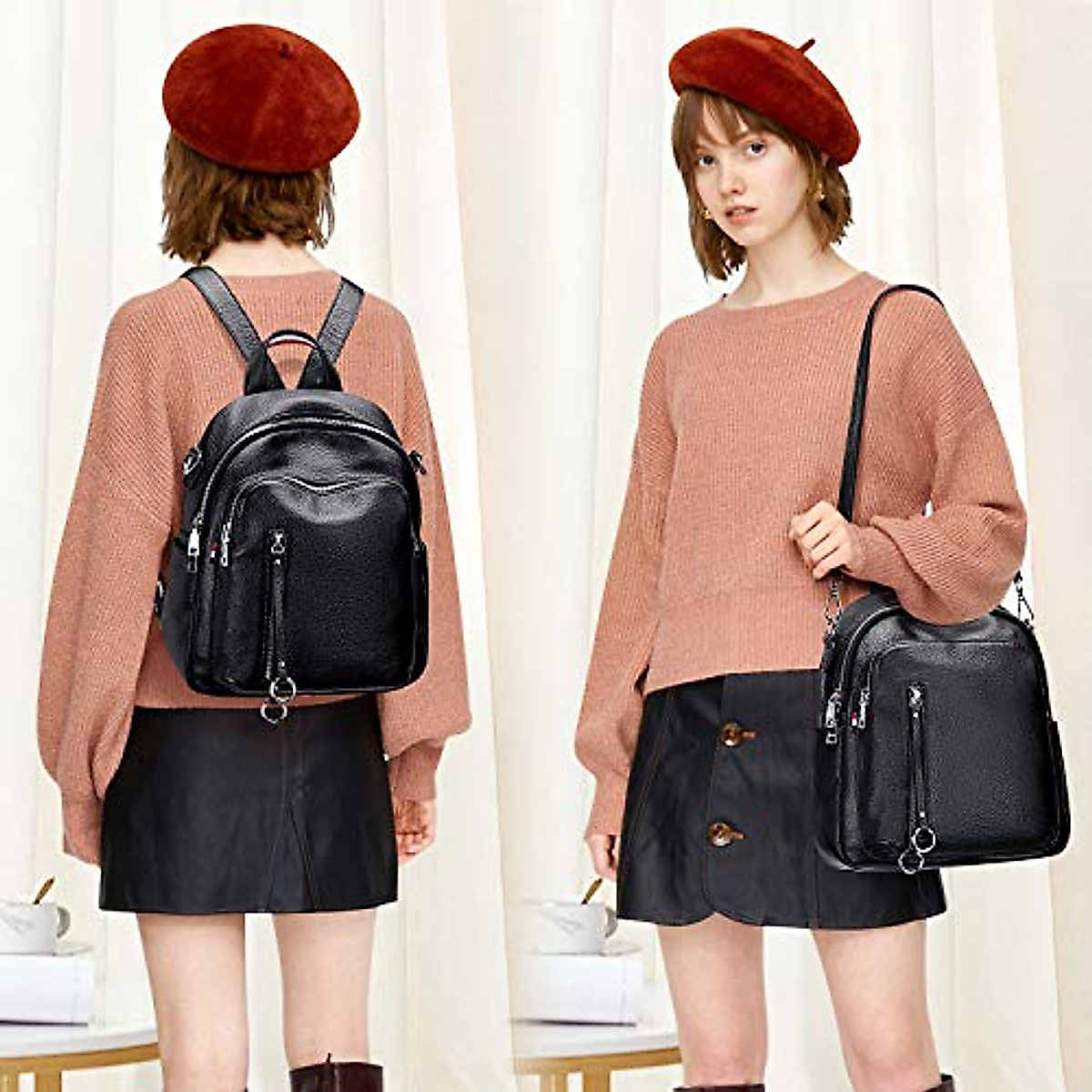 ALTOSY Fashion Genuine Leather Backpack Purse for Women Shoulder Bag Casual Daypack Medium (S9 Black New)