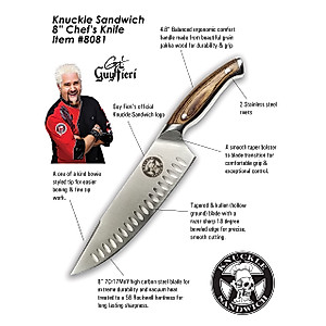 Guy Fieri Knuckle Sandwich 3pc Set 8-IN Chef knife, 6-IN Serrated Off-Set Utility Knife with Prong Tip and 4-IN Paring Knife, Premium 7CR17MoV Stainless Steel with Ergonomic Pakkawood Handles