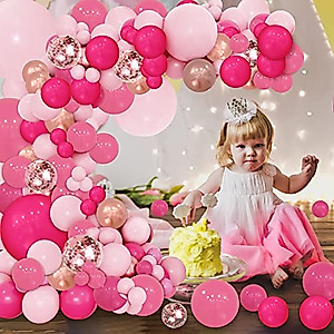 PERPAOL 143Pcs Rose Pink Balloon Garland Arch Kit, Hot Pink Metallic Rose Gold Chrome Balloons for Wedding Party Princess Theme Birthday Bridal Shower Decorations