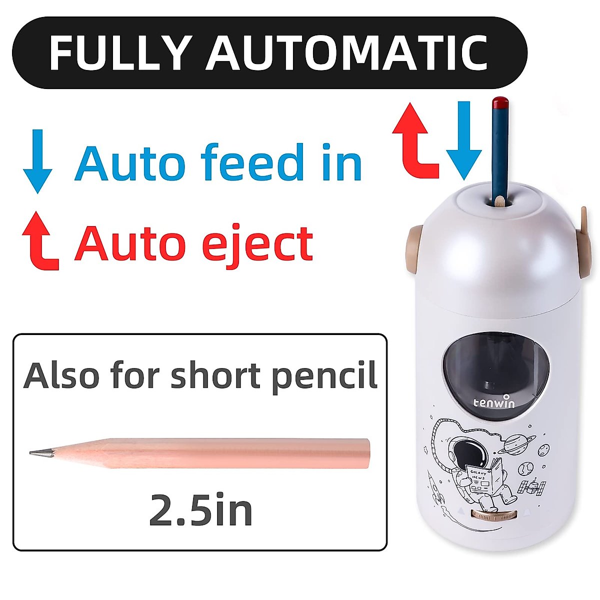 tenwin Rechargeable Electric Pencil Sharpener, Fully Automatic Pencil Sharpener for 7-11.5mm Pencils, Hands-Free Sharpener for Colored Pencils, Auto in&Out, Adjustable Pencil Nibs (Silver)