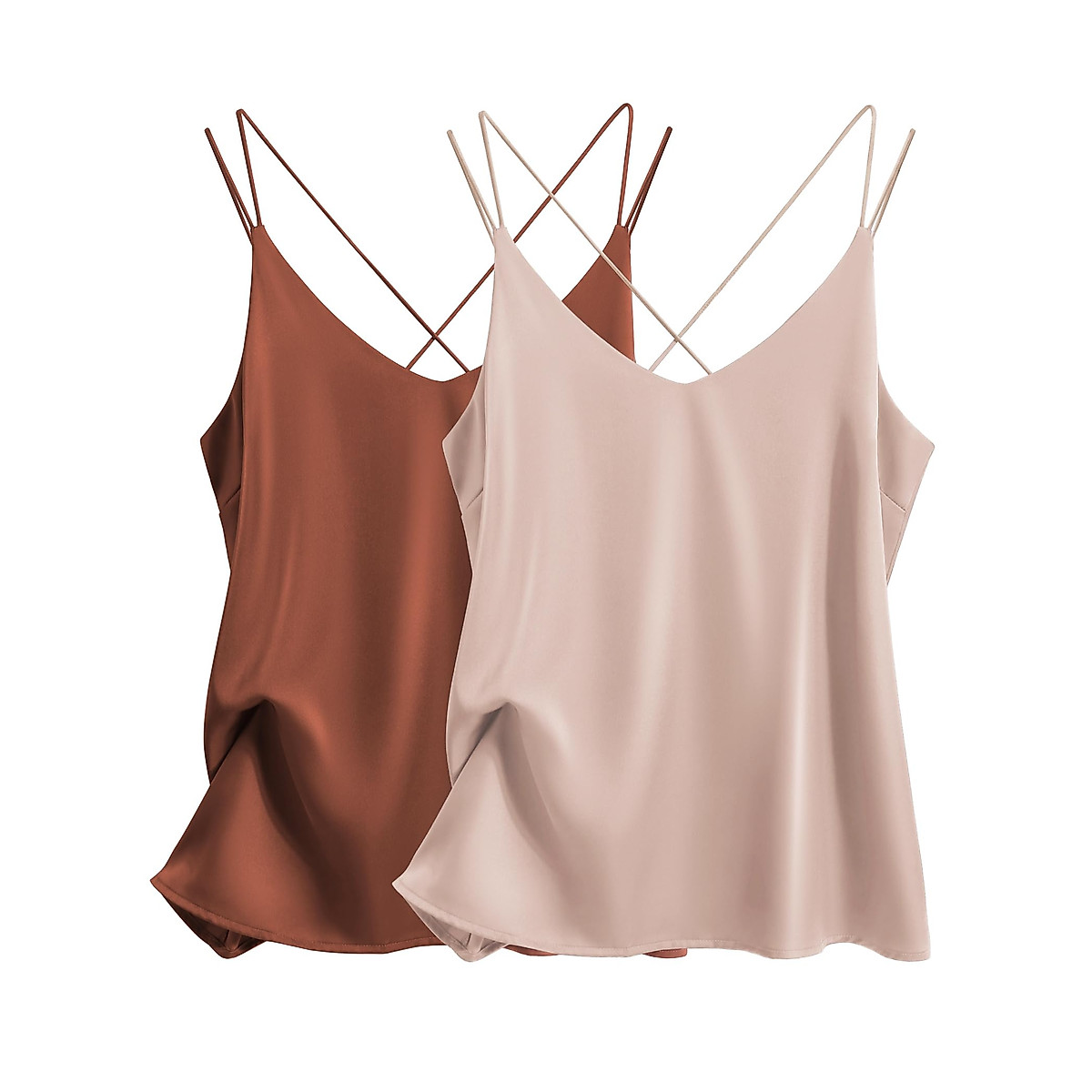 Ekouaer Womens 2-Pack Silk Satin Camisole Tank Top V Neck Sexy Cross Back Spaghetti Strap Cami Sleeveless Lounge Tops