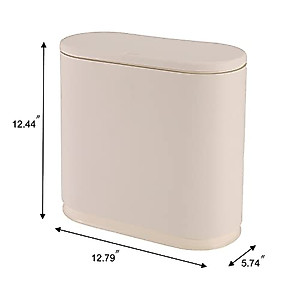 Sooyee Bathroom Trash Can with Lid, 2.4 Gallon Slim Smart Can, Small Plastic Bin, 10 L Narrow Waste Basket for Bedroom, Kitchen, Office, Cream White