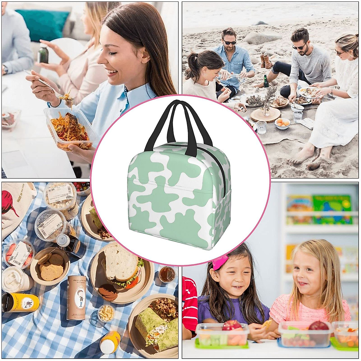 Senheol Mint Green Cow Lunch Box, Insulation Lunch Bag for Women Men, Reusable Lunch Tote Bags Perfect for Office Camping Hiking Picnic Beach Travel