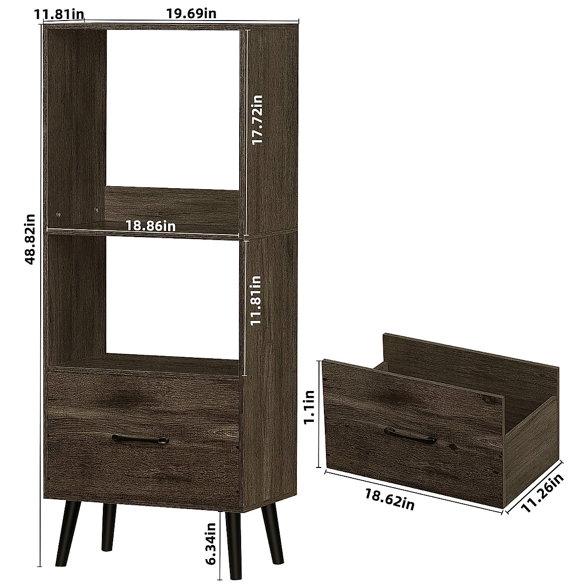 LELELINKY Open Bookshelf, 3 Tier Black Mid Century Modern Book Shelf with Drawers and Legs, Wood Bookcase with Storage Organizer Shelves for Bedroom, Living Room, Office