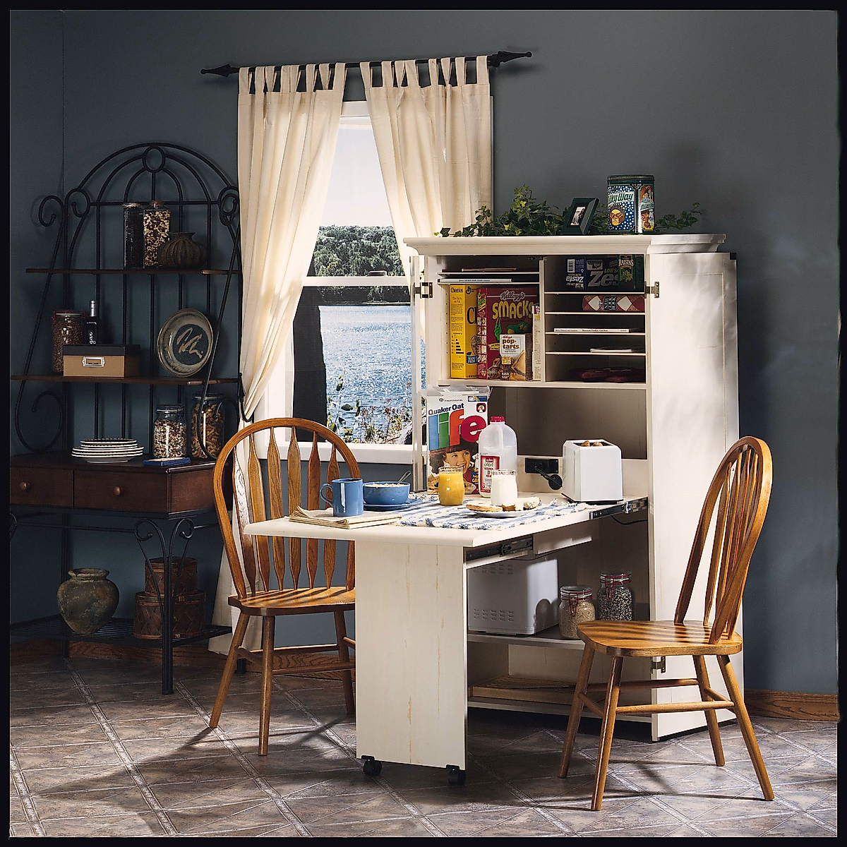 Sauder Harbor View Craft and Sewing Armoire with Table, Antiqued White finish