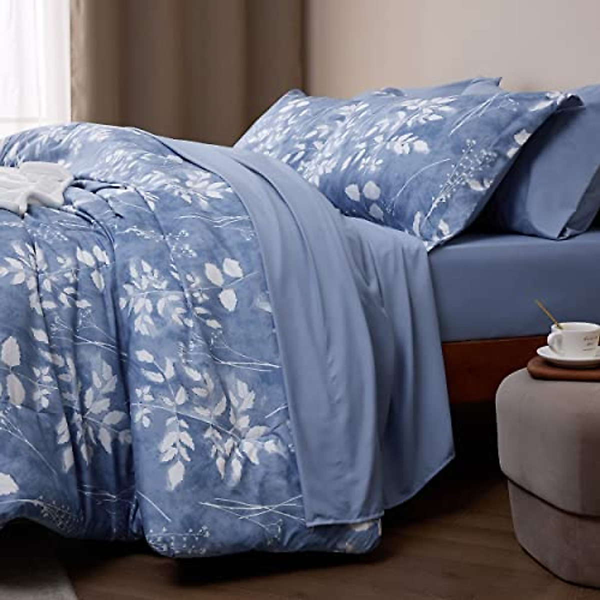 Bedsure Queen Comforter Set - 7 Pieces Blue Floral Bedding Sets Queen Bed in a Bag with Reversible Botanical Flowers Comforter, Sheets, Pillowcases & Shams