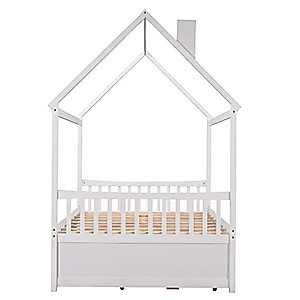 YuiHome Full House Bed with Trundle and 3 Storage Drawers, Full Captain's Beds Wooden Storage Daybed Frame for Kids Teens Boys Girls,No Box Spring Needed,White
