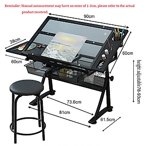 EESHHA Drawing Table Adjustable Height Drafting Desk/Tiltable Glass Tabletop Drawing Table with 2 Storage Drawers and One Side, for Reading, Writing Art Craft W/Stool, 90 * 60 * 78-93CM