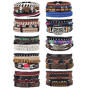 JOERICA 32-35 Pcs Braided Bracelet for Women Men Woven Leather Wristbands Boho Ethnic Style Tribal Linen Hemp Cords Wrap Bracelets Set Handmade String Jewelry