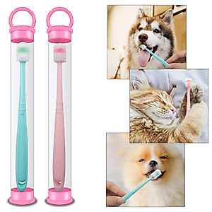 BLMHTWO 2 Pieces Cat Toothbrush, Small Dog Toothbrush 360-Degree Dog Toothbrush Small with Independent Transparent Packaging Box and PP Handle Silicone Dog Toothbrush for Small Dogs (Green and Pink)