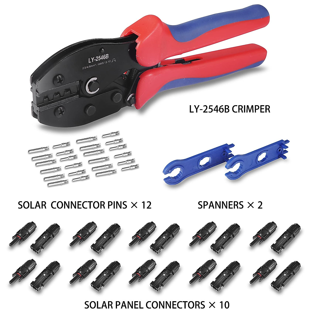 MUYI 47pcs Solar Panel Replacement Tools Kits, 10 Pair Solar Connectors and 2pcs Spanners Wrench with 1-Piece Wire Crimper for 13-10AWG Cable (2.5/4/6mm²)