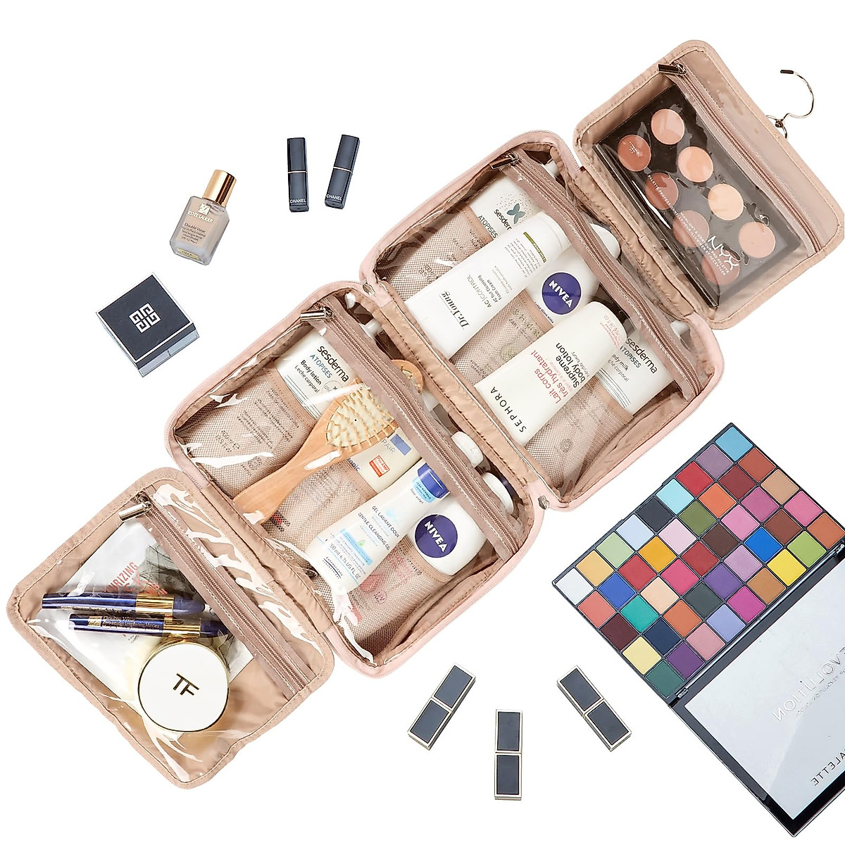 NISHEL Hanging Travel Toiletry Bag, Visible Makeup Organizer, Cosmetic Case for Journey Accessories, Bathroom Shower, Pink