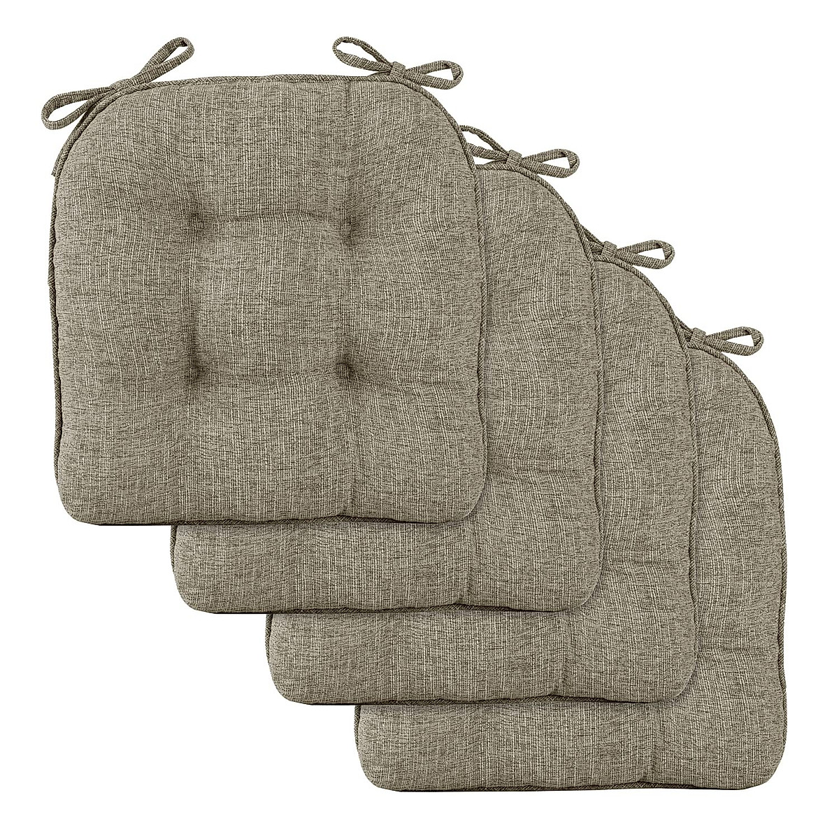 downluxe Indoor Chair Cushions for Dining Chairs, Tufted Overstuffed Textured Memory Foam Kitchen Chair Pads with Ties and Non-Slip Backing, 15.5" x 15.5" x 4", Khaki, 4 Pack