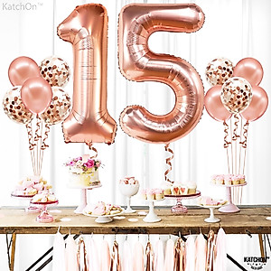 KatchOn, Rose Gold 15 Balloons Number - Giant, 40 Inch | 15 Birthday Balloons with Confetti for Happy 15th Birthday Decorations for Girls | Quinceanera Decorations | 15 Birthday Decorations for Girls