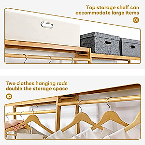 Homde Bamboo Clothes Rack Heavy Duty Garment Racks for Hanging Clothes, Max Load 440lbs, Freestanding Clothing Rack Closet with 6 Shelves, 67" H*61" W*15.74" D